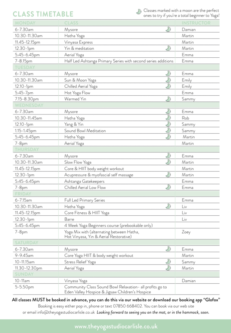 Yoga Timetable - The Yoga Studio Carlisle
